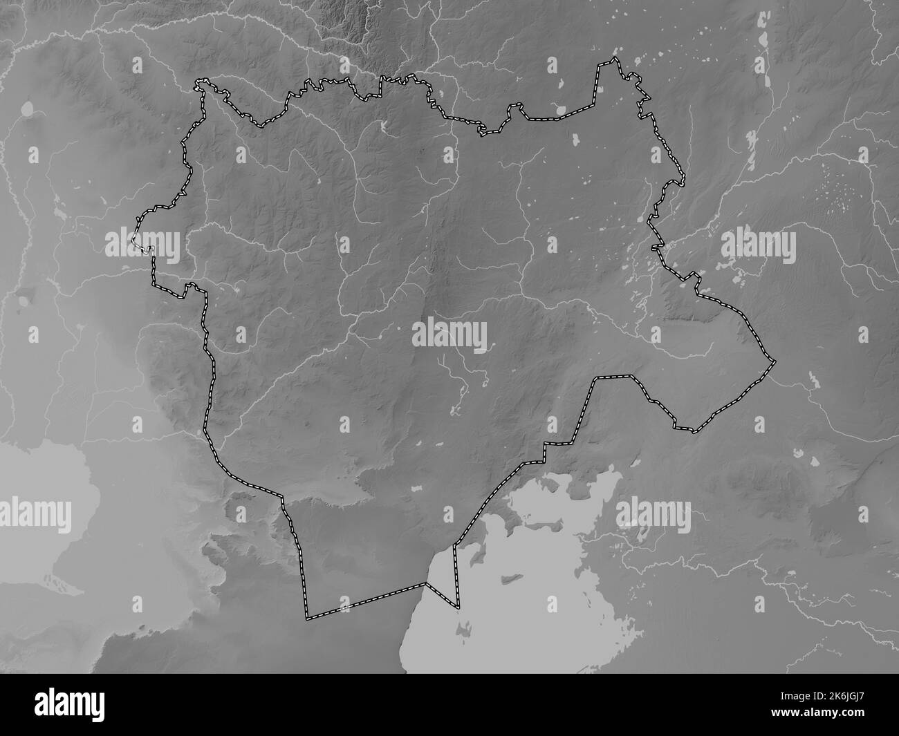 Aqtobe, region of Kazakhstan. Grayscale elevation map with lakes and ...