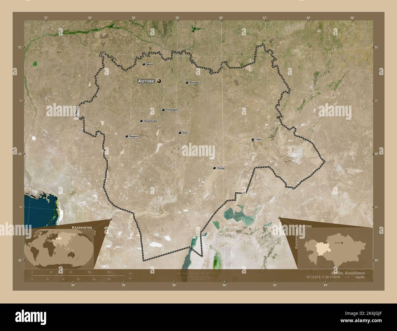 Aqtobe, region of Kazakhstan. Low resolution satellite map. Locations ...