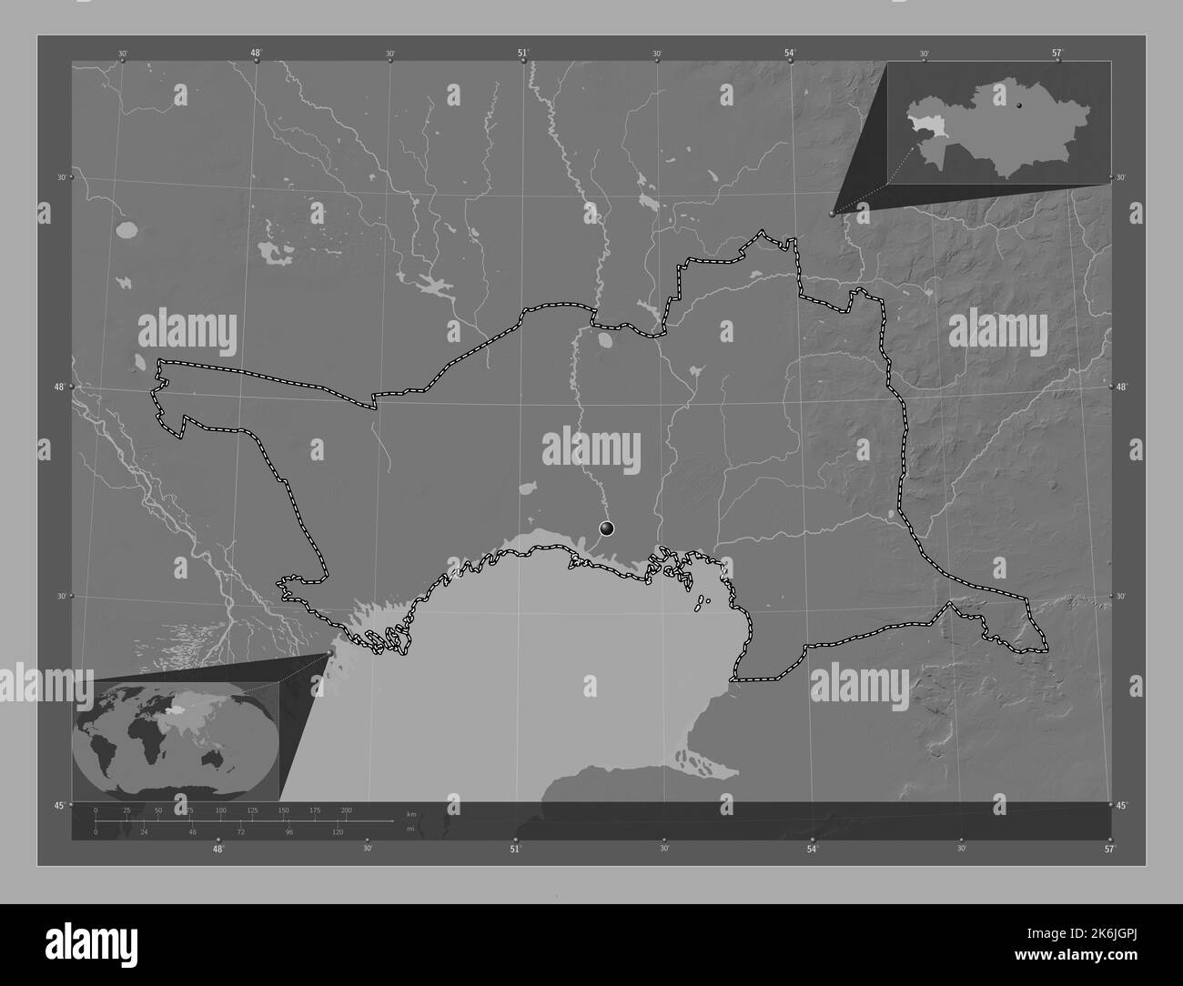 Atyrau, region of Kazakhstan. Bilevel elevation map with lakes and ...