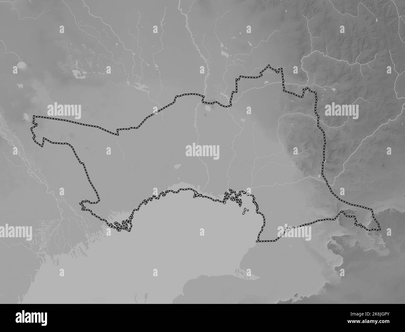 Atyrau, region of Kazakhstan. Grayscale elevation map with lakes and ...