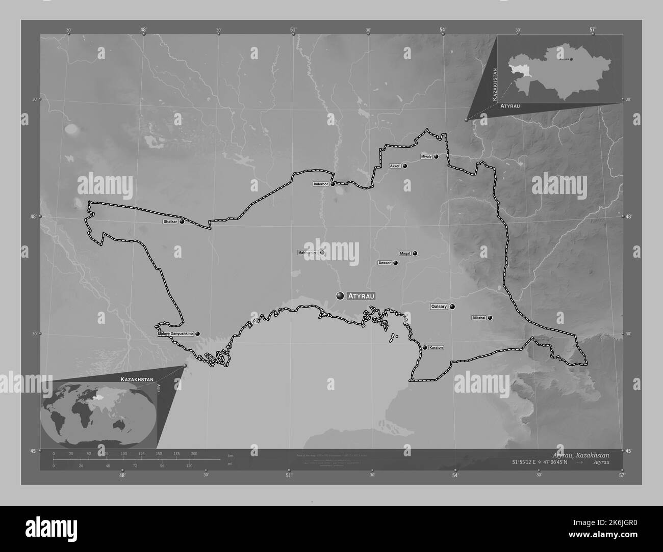 Atyrau, region of Kazakhstan. Grayscale elevation map with lakes and ...