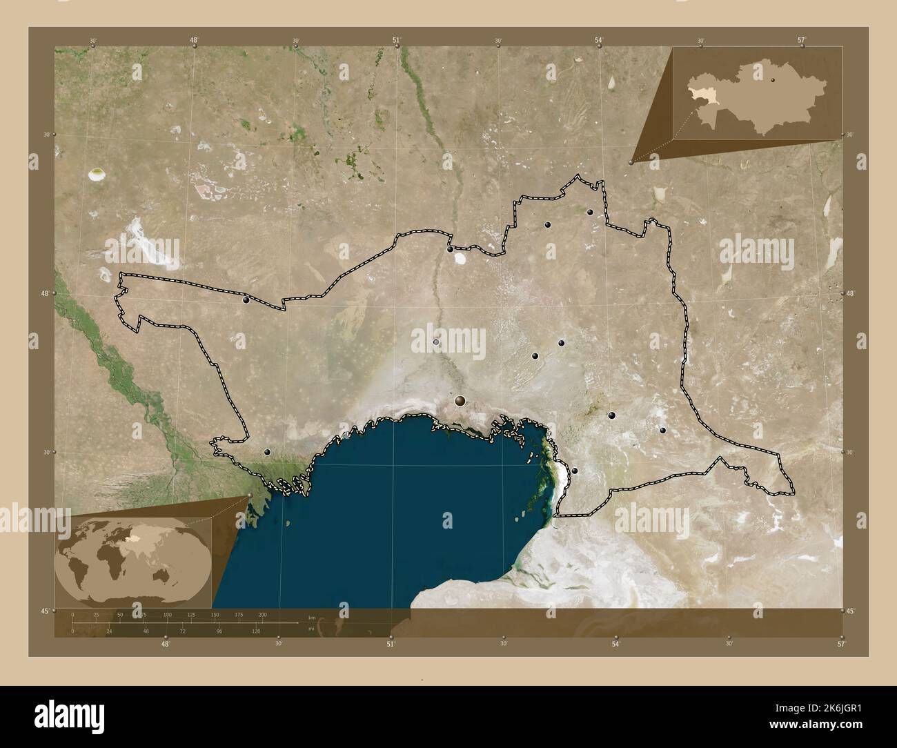 Atyrau, region of Kazakhstan. Low resolution satellite map. Locations ...