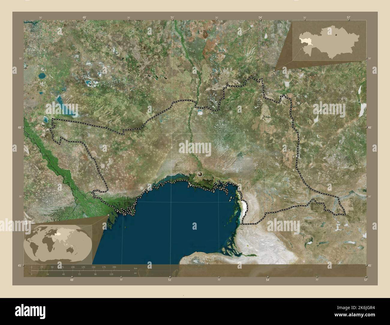 Atyrau, region of Kazakhstan. High resolution satellite map. Corner ...