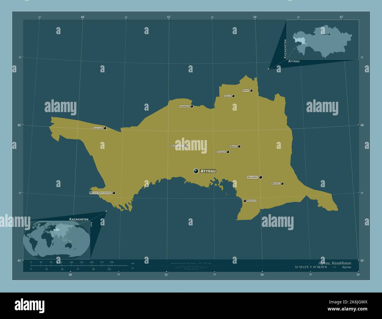 Atyrau, region of Kazakhstan. Solid color shape. Locations and names of ...