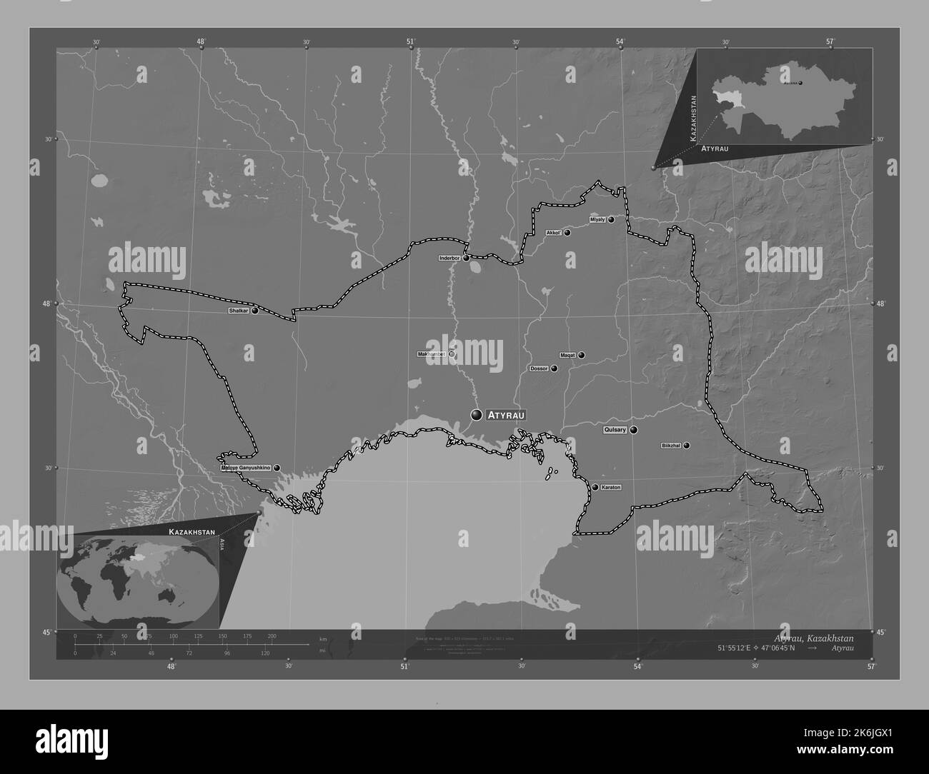 Atyrau, region of Kazakhstan. Bilevel elevation map with lakes and ...
