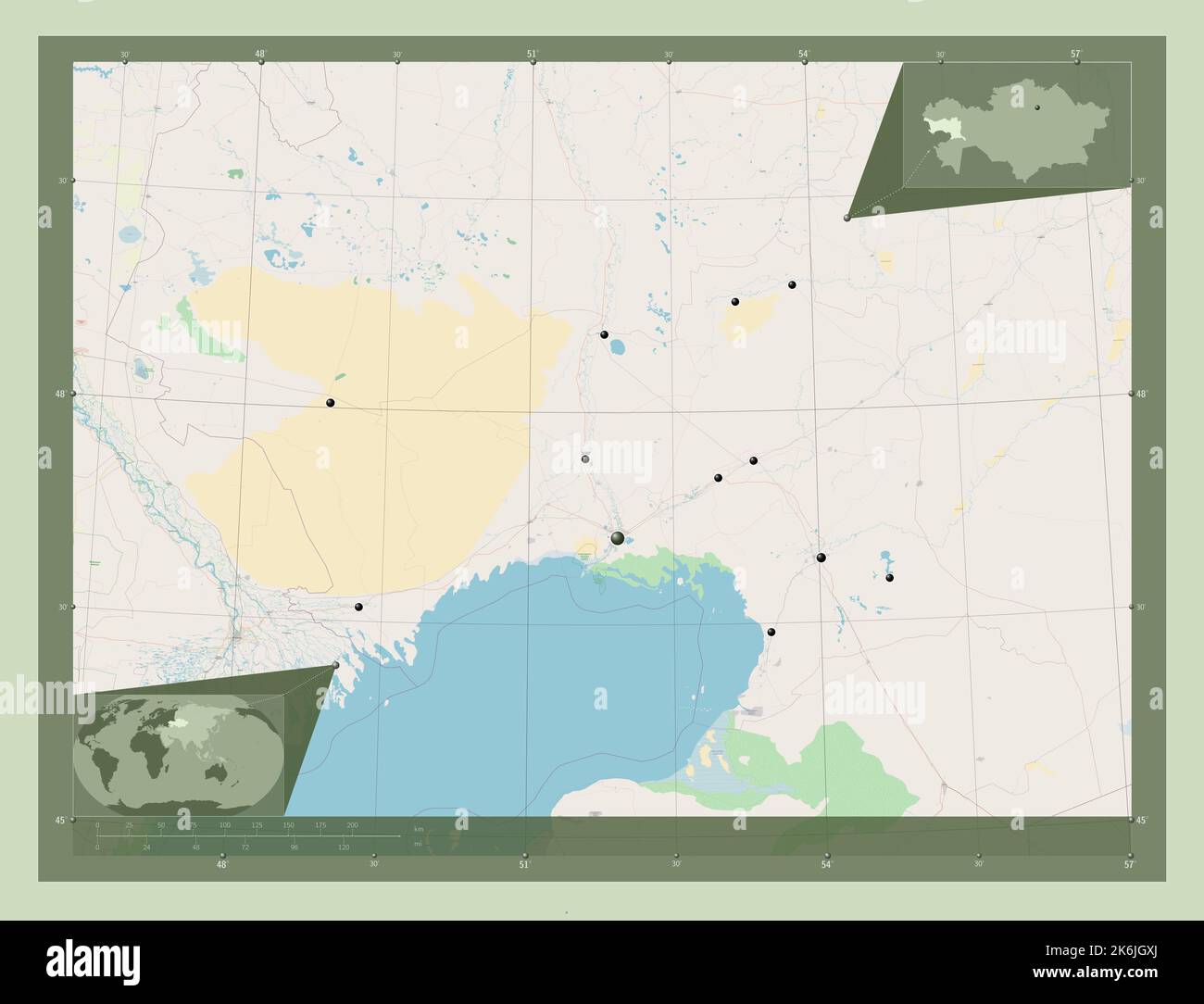 Atyrau, region of Kazakhstan. Open Street Map. Locations of major ...