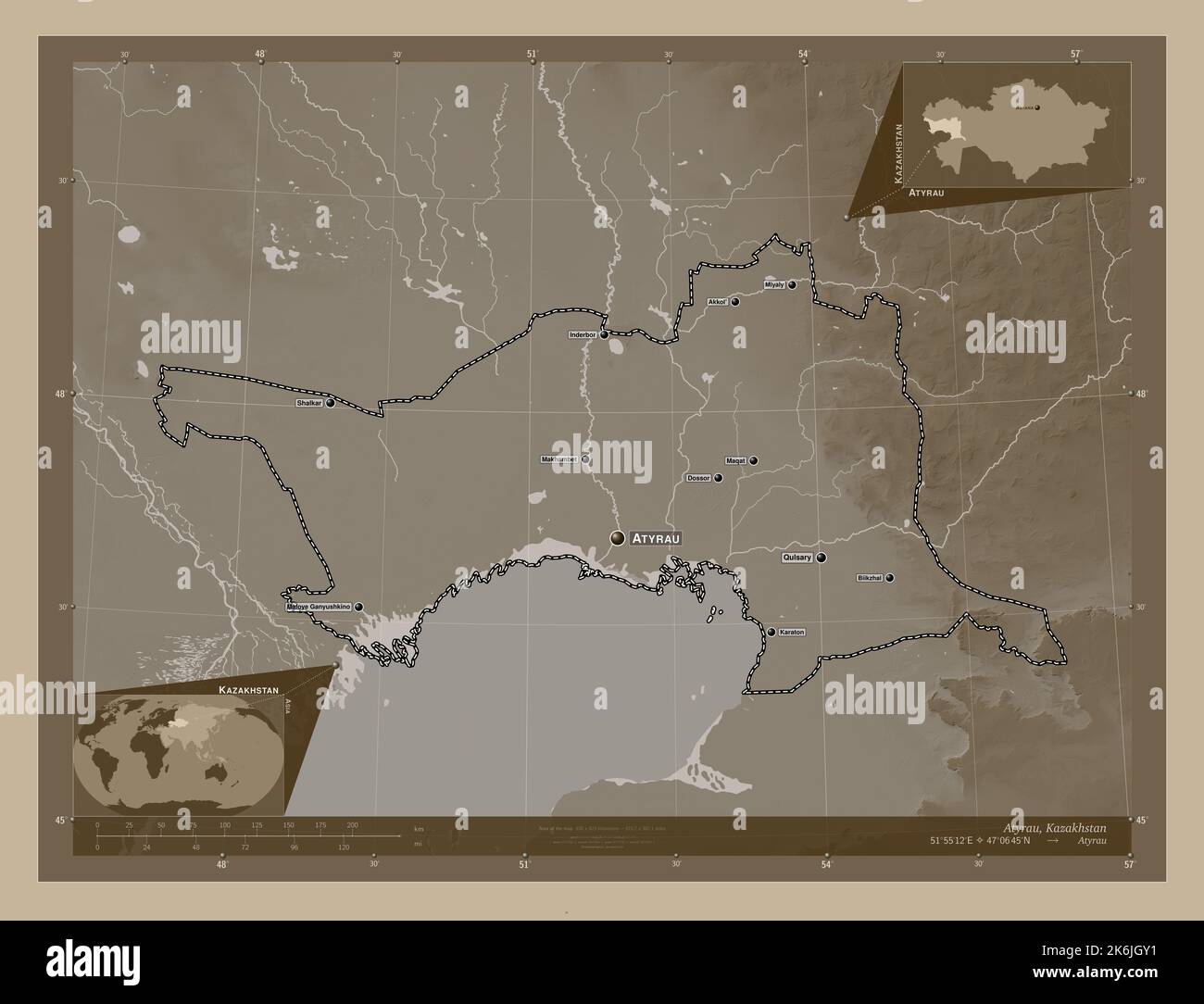 Atyrau, region of Kazakhstan. Elevation map colored in sepia tones with ...