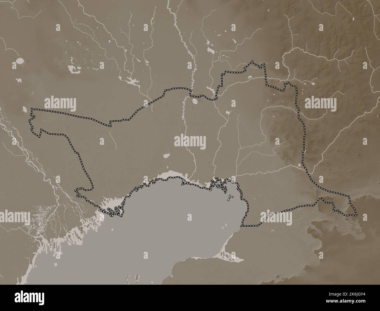 Atyrau, region of Kazakhstan. Elevation map colored in sepia tones with ...