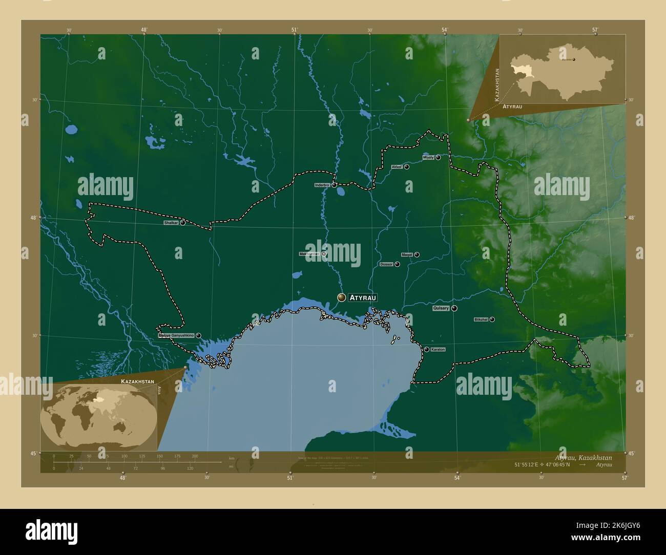 Atyrau, region of Kazakhstan. Colored elevation map with lakes and ...