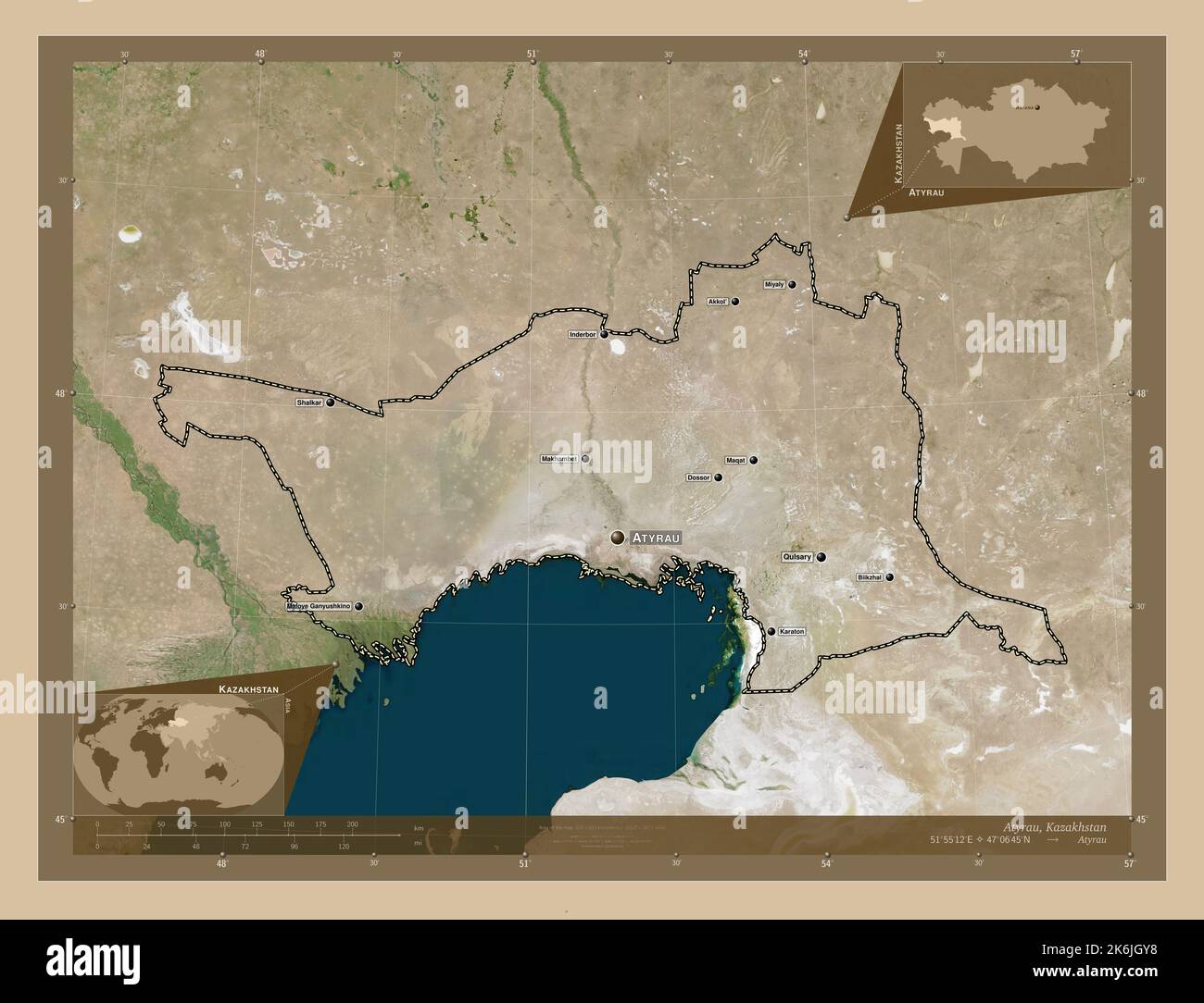 Atyrau, region of Kazakhstan. Low resolution satellite map. Locations ...