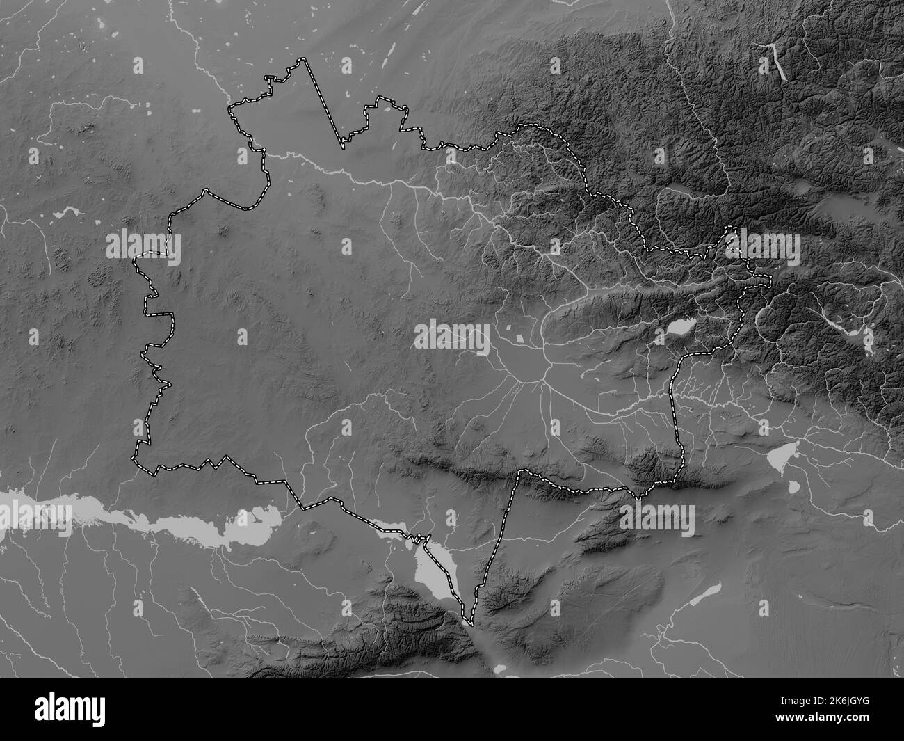 East Kazakhstan, region of Kazakhstan. Grayscale elevation map with ...