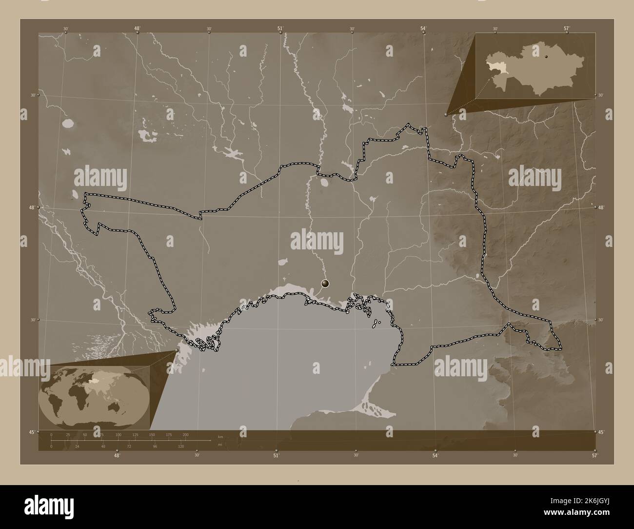 Atyrau, region of Kazakhstan. Elevation map colored in sepia tones with ...