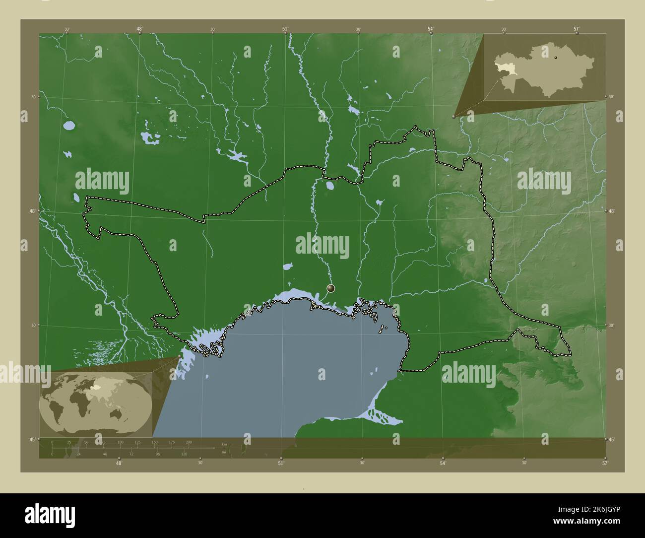 Atyrau, region of Kazakhstan. Elevation map colored in wiki style with ...