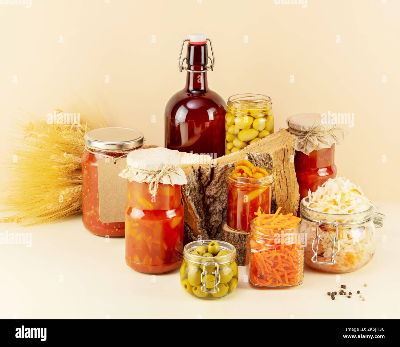 Fermented vegetables, mushrooms and home made beer Stock Photo - Alamy