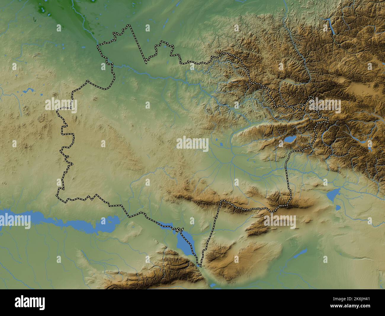 East Kazakhstan, region of Kazakhstan. Colored elevation map with lakes ...