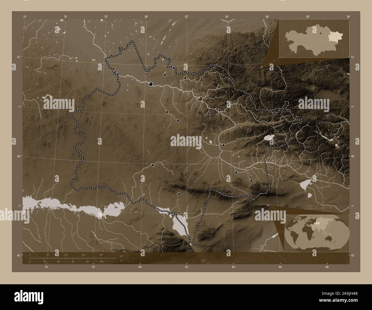East Kazakhstan, region of Kazakhstan. Elevation map colored in sepia ...