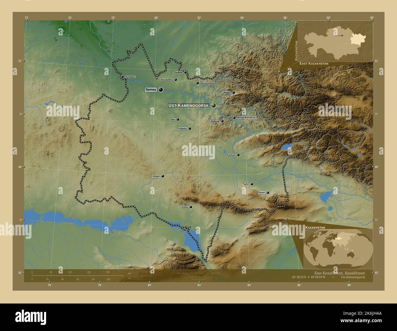 East Kazakhstan, region of Kazakhstan. Colored elevation map with lakes ...