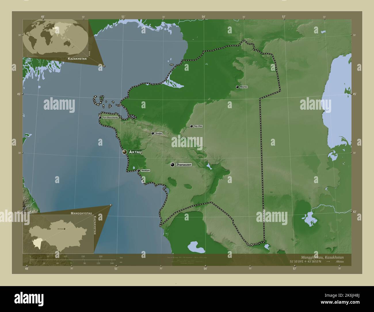 Mangghystau, region of Kazakhstan. Elevation map colored in wiki style ...