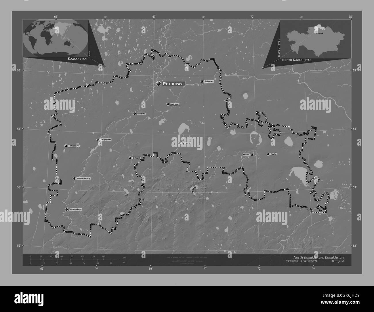 North Kazakhstan, region of Kazakhstan. Bilevel elevation map with ...