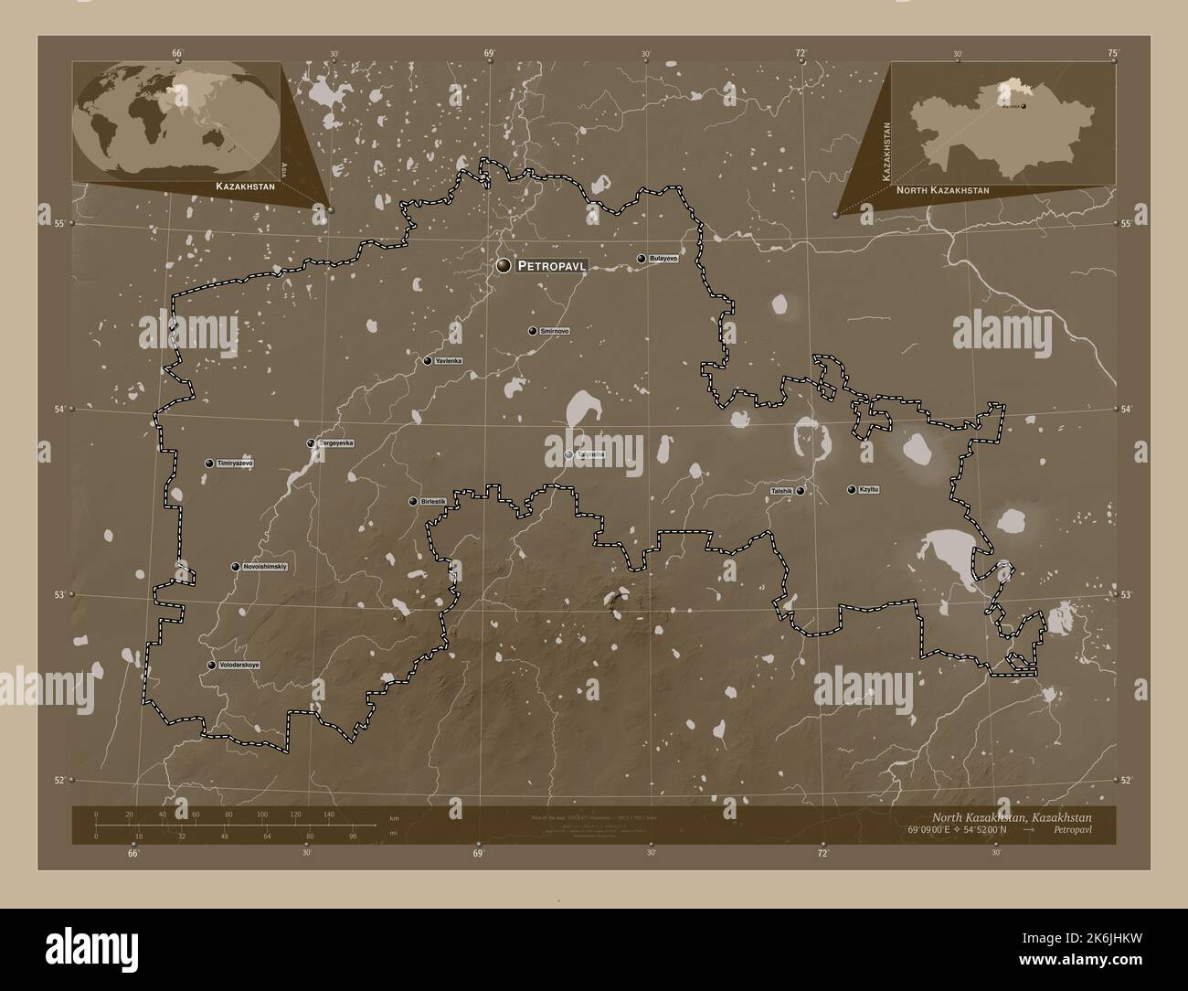 North Kazakhstan, region of Kazakhstan. Elevation map colored in sepia ...