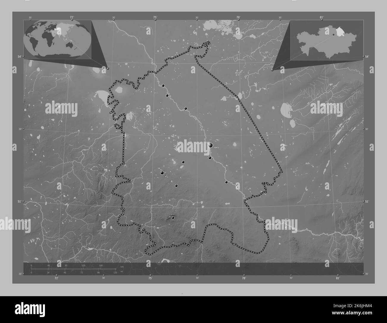 Pavlodar, region of Kazakhstan. Grayscale elevation map with lakes and ...