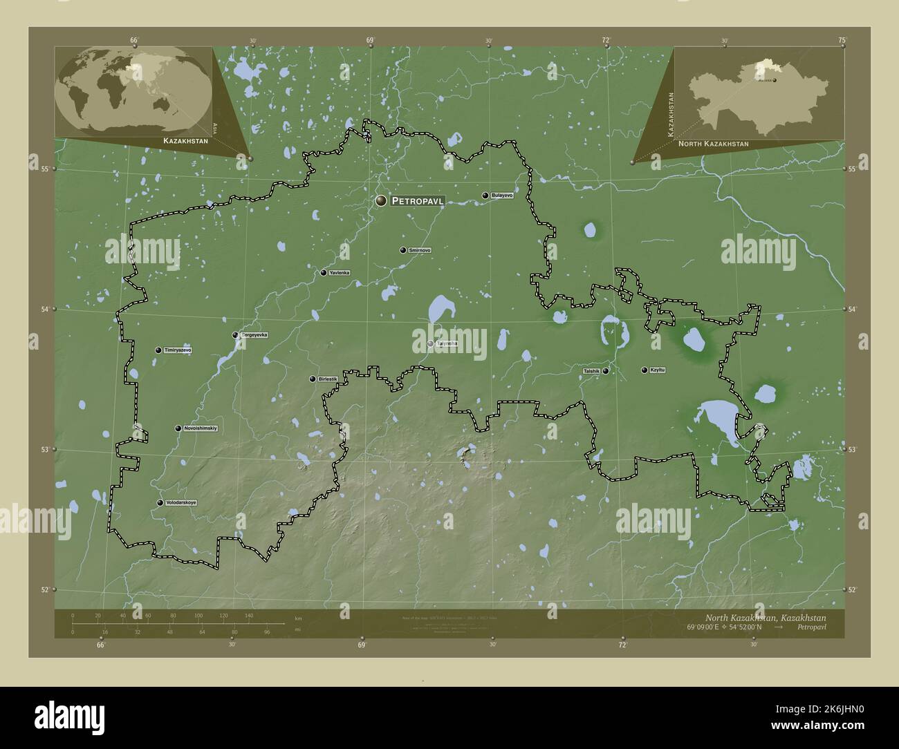 North Kazakhstan, region of Kazakhstan. Elevation map colored in wiki ...