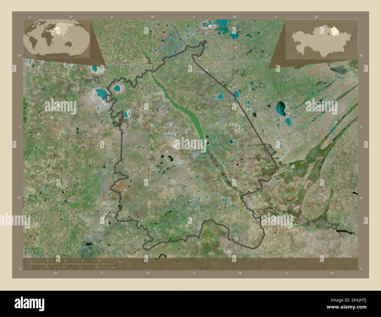 Pavlodar, region of Kazakhstan. High resolution satellite map. Corner ...