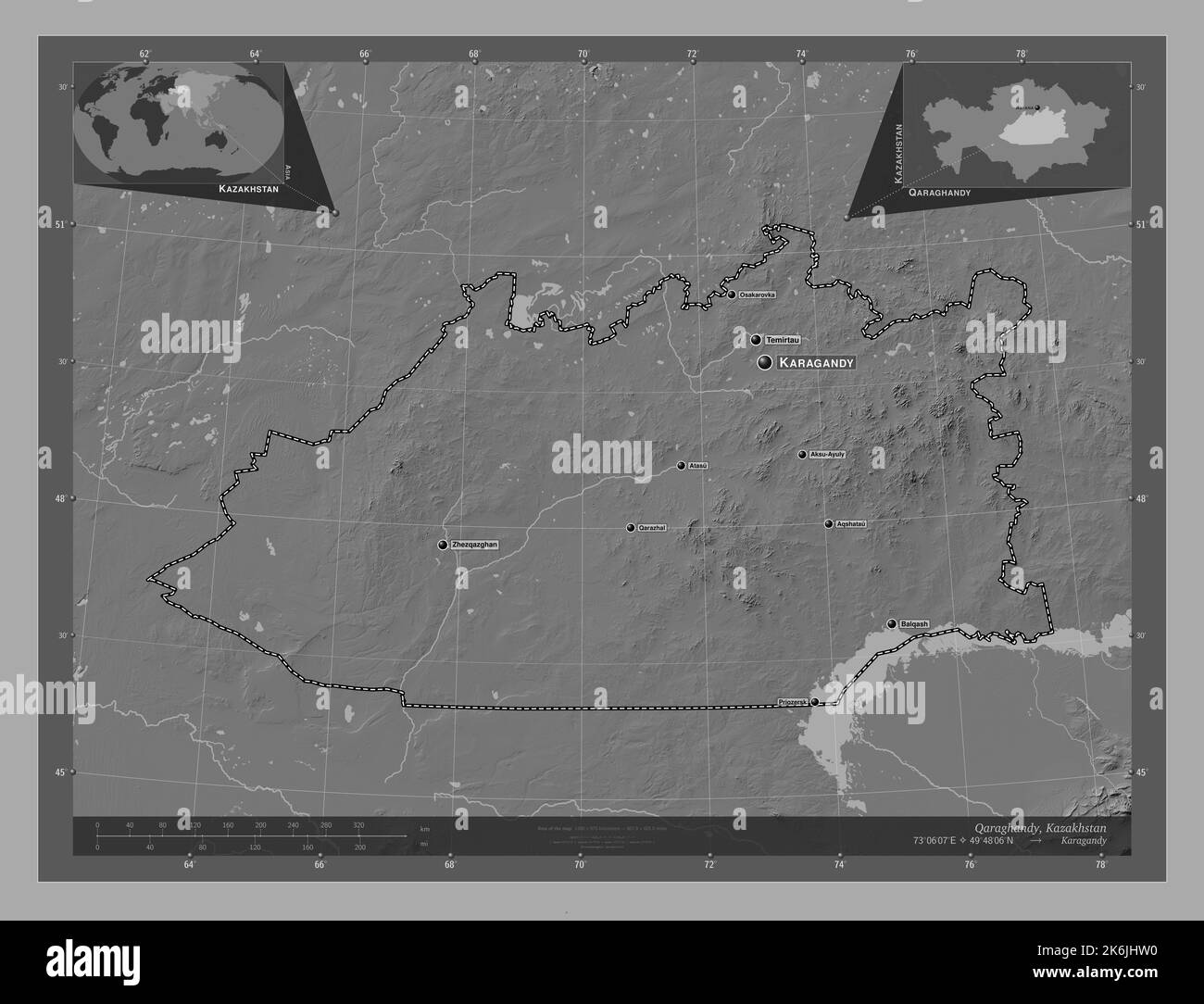 Qaraghandy, region of Kazakhstan. Bilevel elevation map with lakes and ...