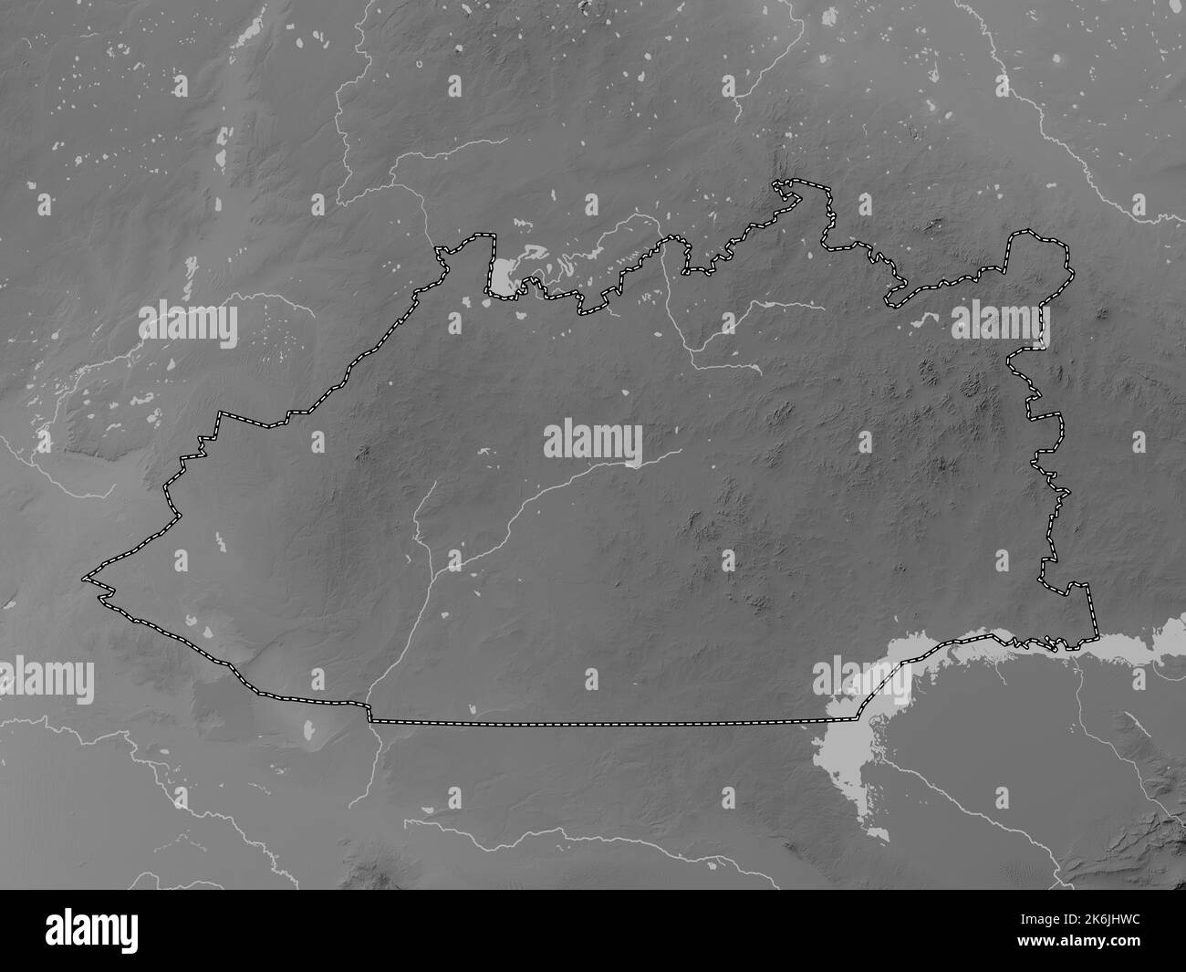 Qaraghandy, region of Kazakhstan. Grayscale elevation map with lakes ...