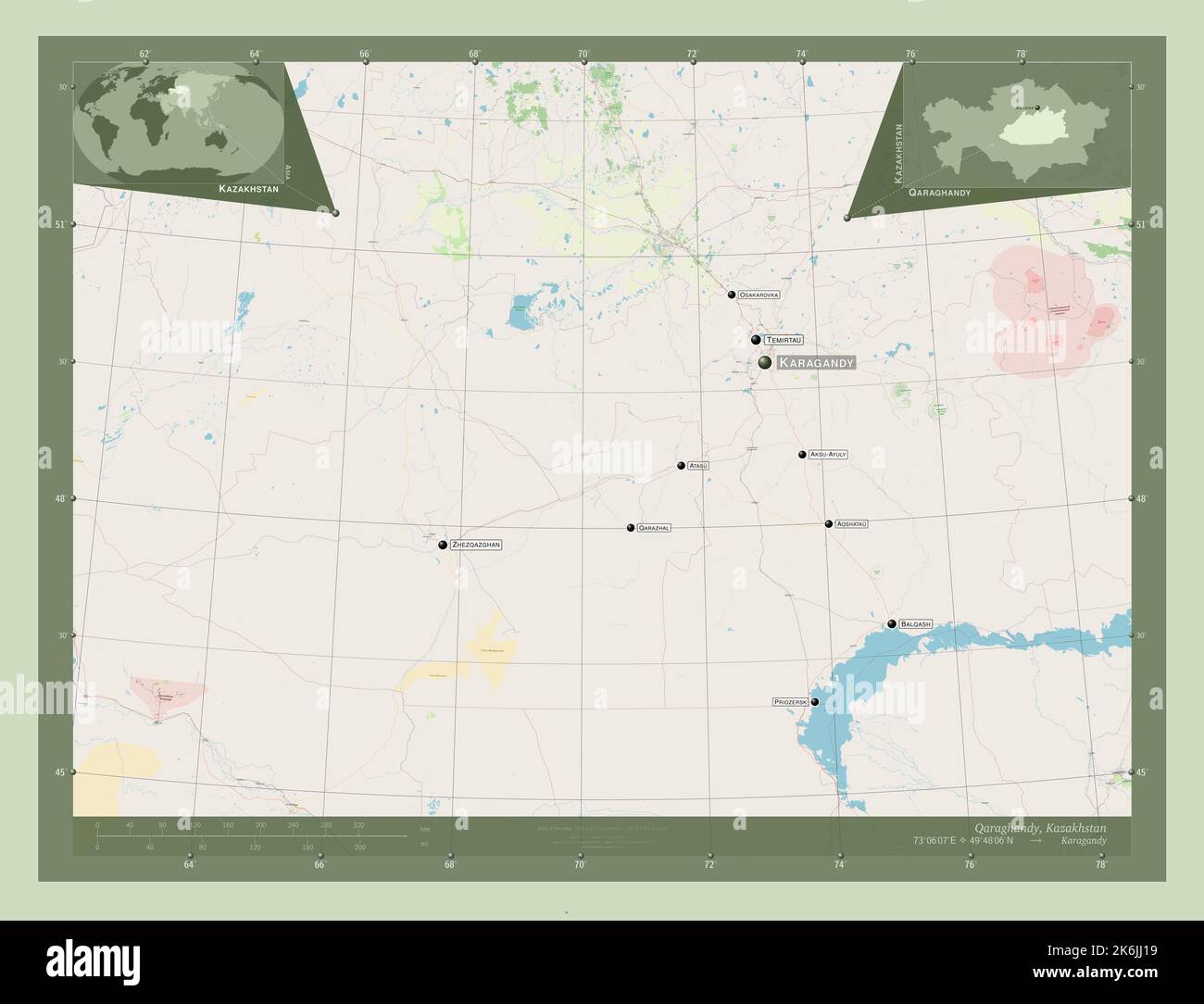 Qaraghandy, region of Kazakhstan. Open Street Map. Locations and names ...