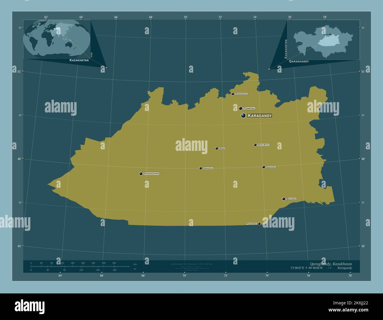 Qaraghandy, region of Kazakhstan. Solid color shape. Locations and ...