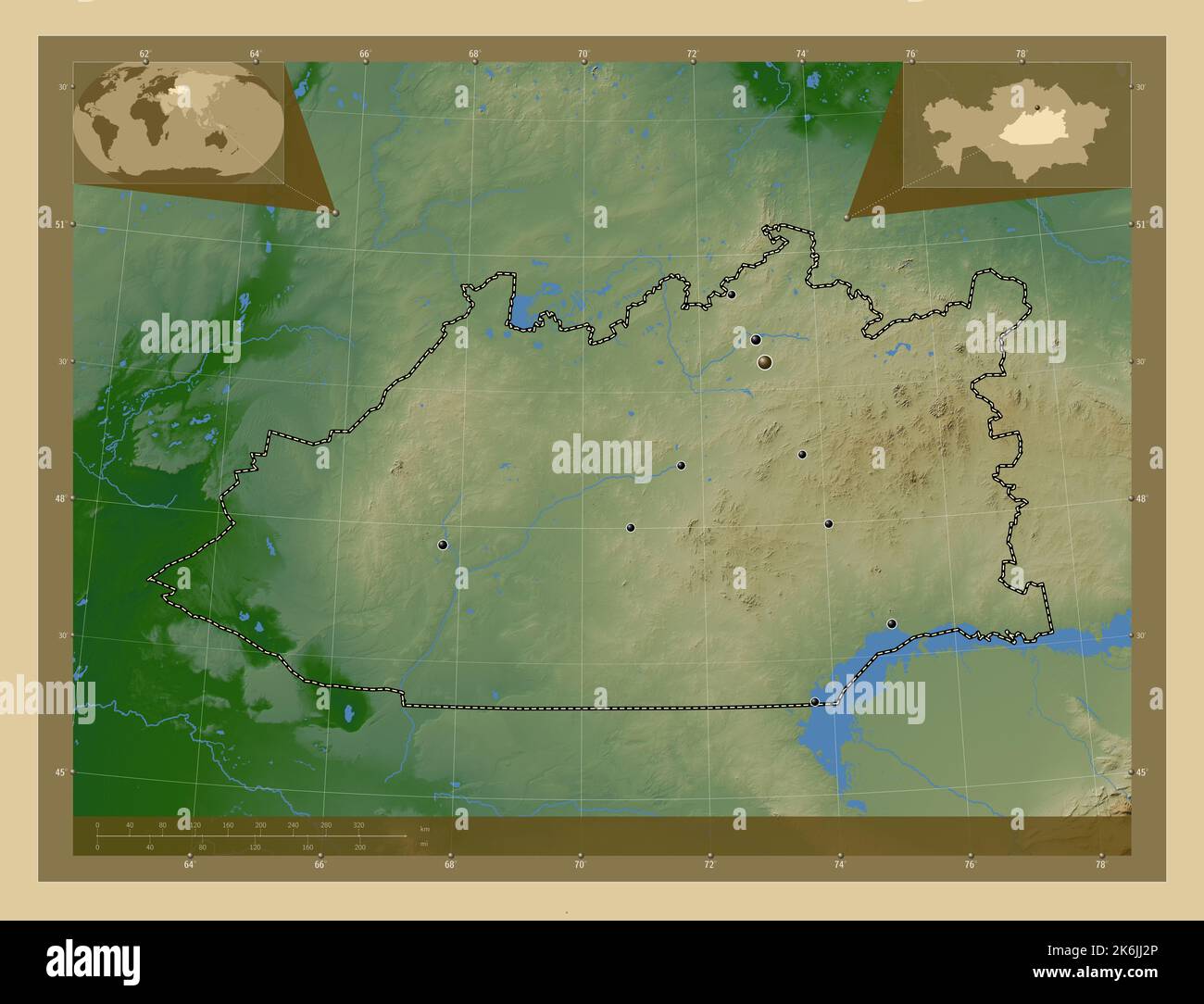 Qaraghandy, region of Kazakhstan. Colored elevation map with lakes and ...