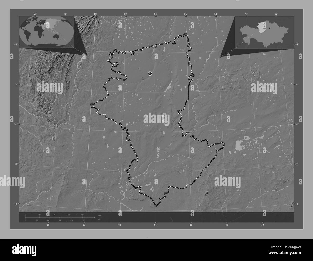 Qostanay, region of Kazakhstan. Bilevel elevation map with lakes and ...