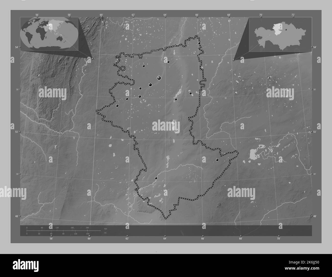 Qostanay, region of Kazakhstan. Grayscale elevation map with lakes and ...
