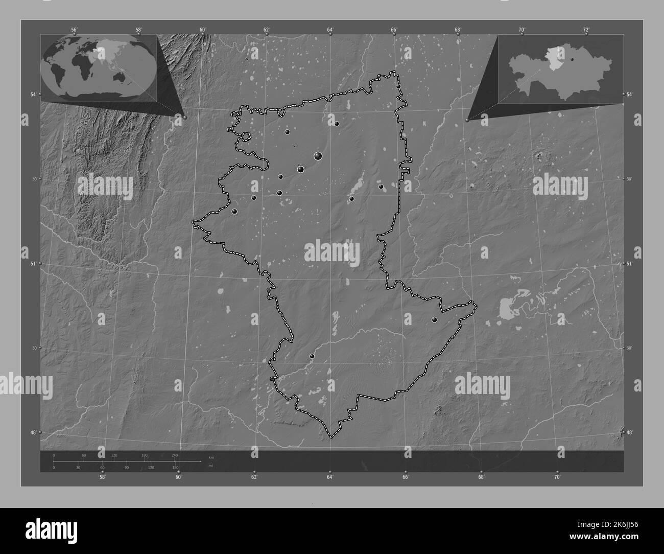 Qostanay, region of Kazakhstan. Bilevel elevation map with lakes and ...