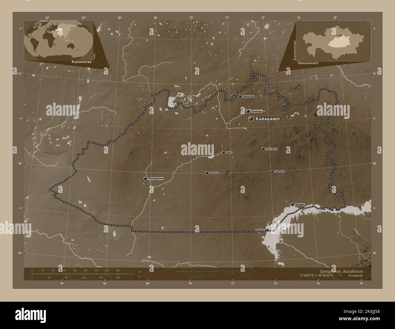 Qaraghandy, region of Kazakhstan. Elevation map colored in sepia tones ...
