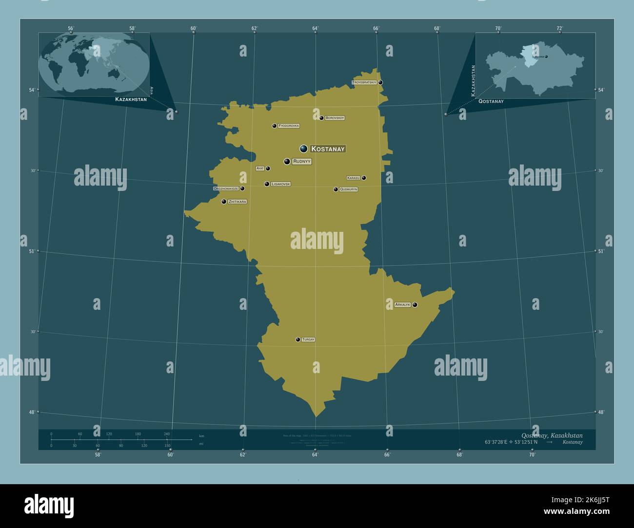 Qostanay, region of Kazakhstan. Solid color shape. Locations and names ...