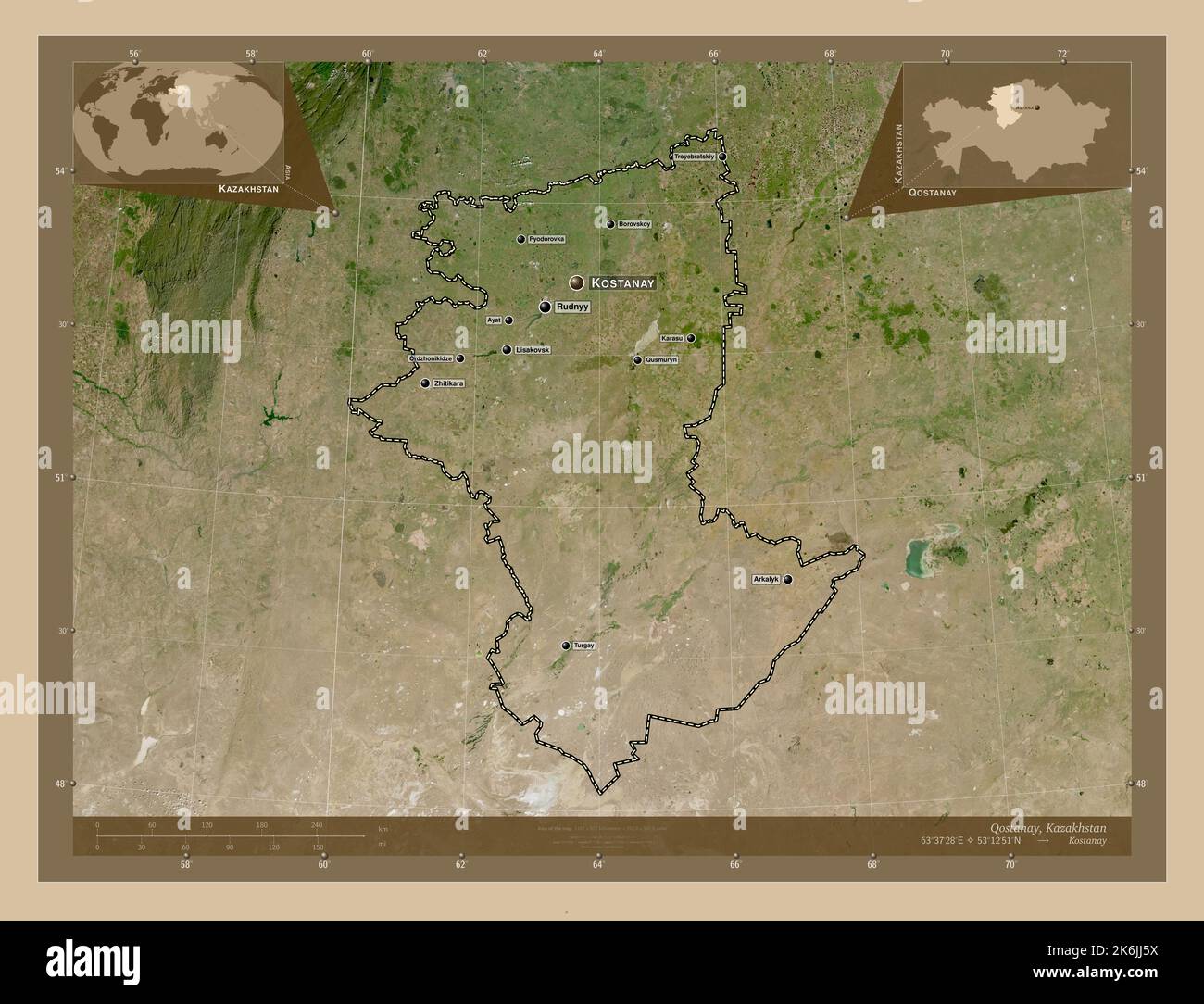 Qostanay, region of Kazakhstan. Low resolution satellite map. Locations ...