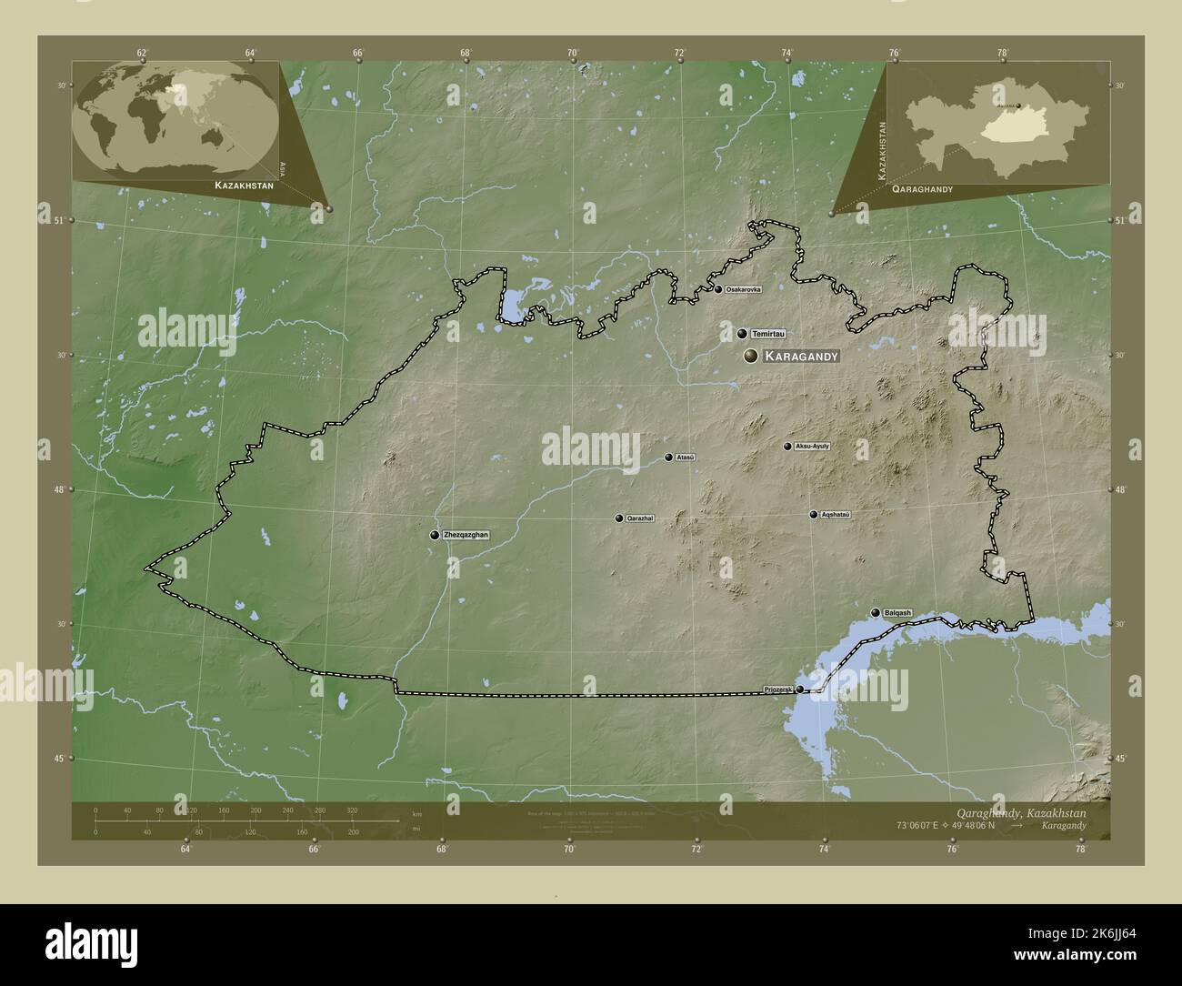 Qaraghandy, region of Kazakhstan. Elevation map colored in wiki style ...