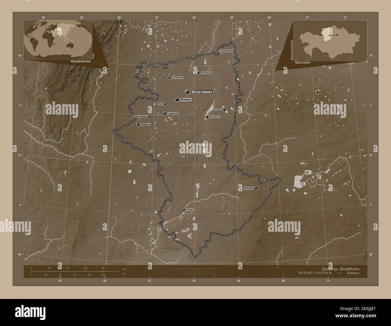 Qostanay, region of Kazakhstan. Elevation map colored in sepia tones ...