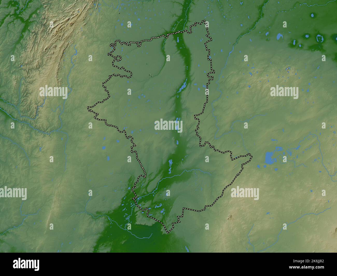 Qostanay, region of Kazakhstan. Colored elevation map with lakes and ...