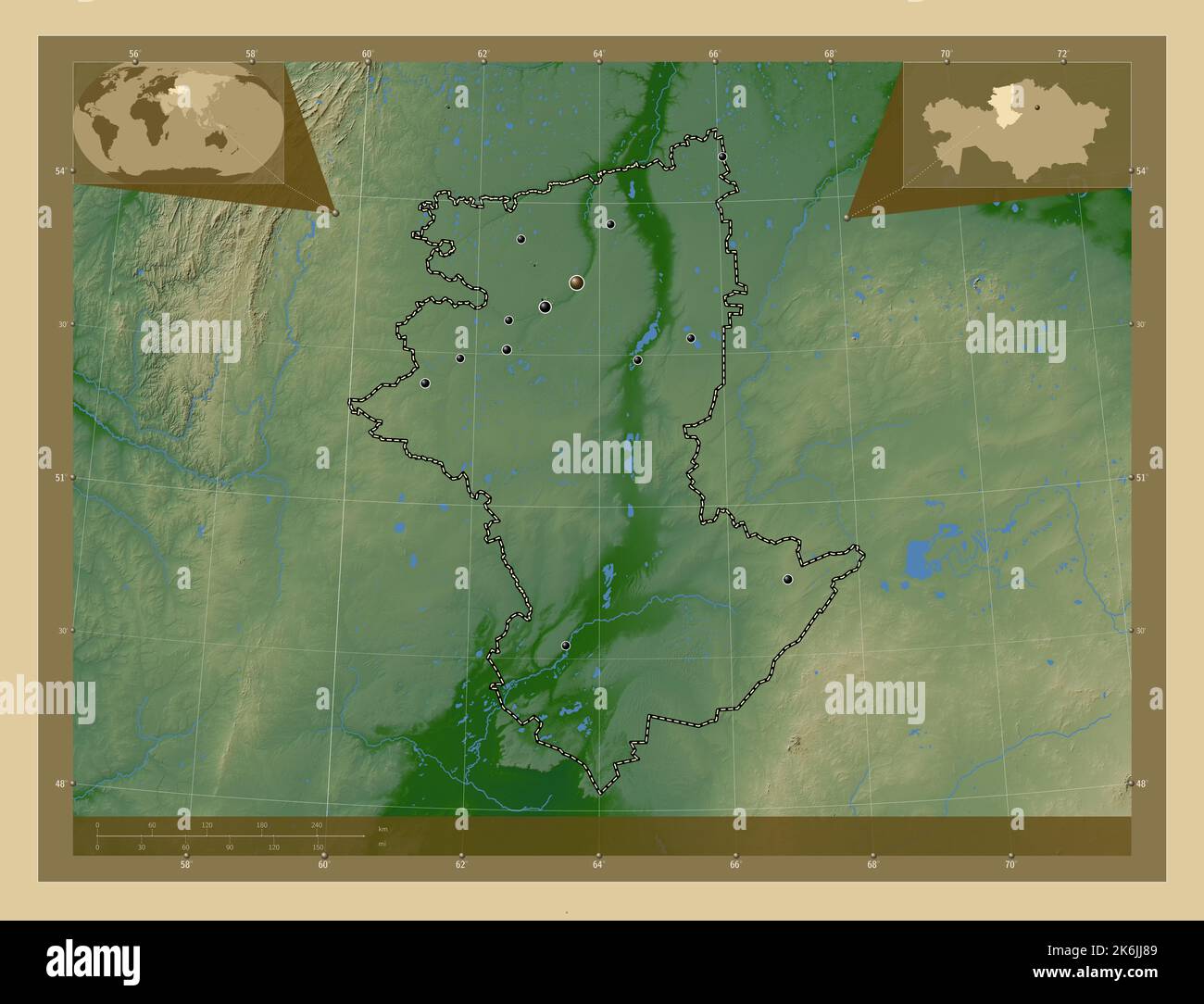 Qostanay, region of Kazakhstan. Colored elevation map with lakes and ...