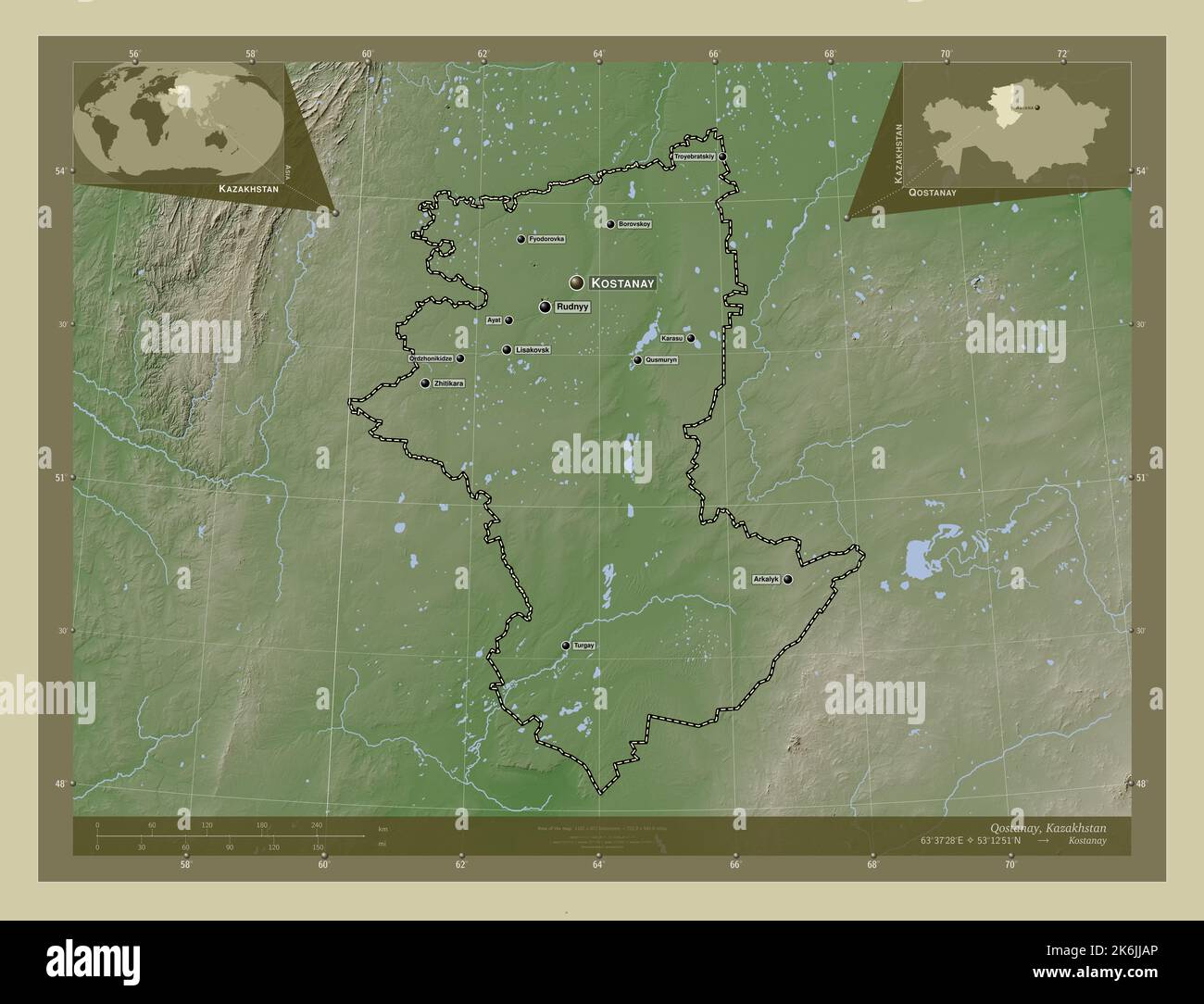 Qostanay, region of Kazakhstan. Elevation map colored in wiki style ...