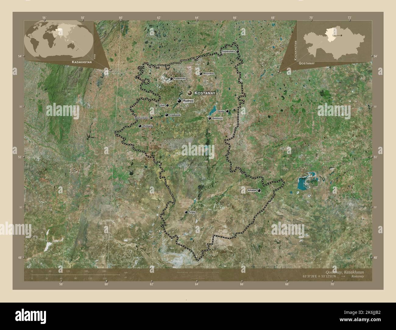 Qostanay, region of Kazakhstan. High resolution satellite map ...