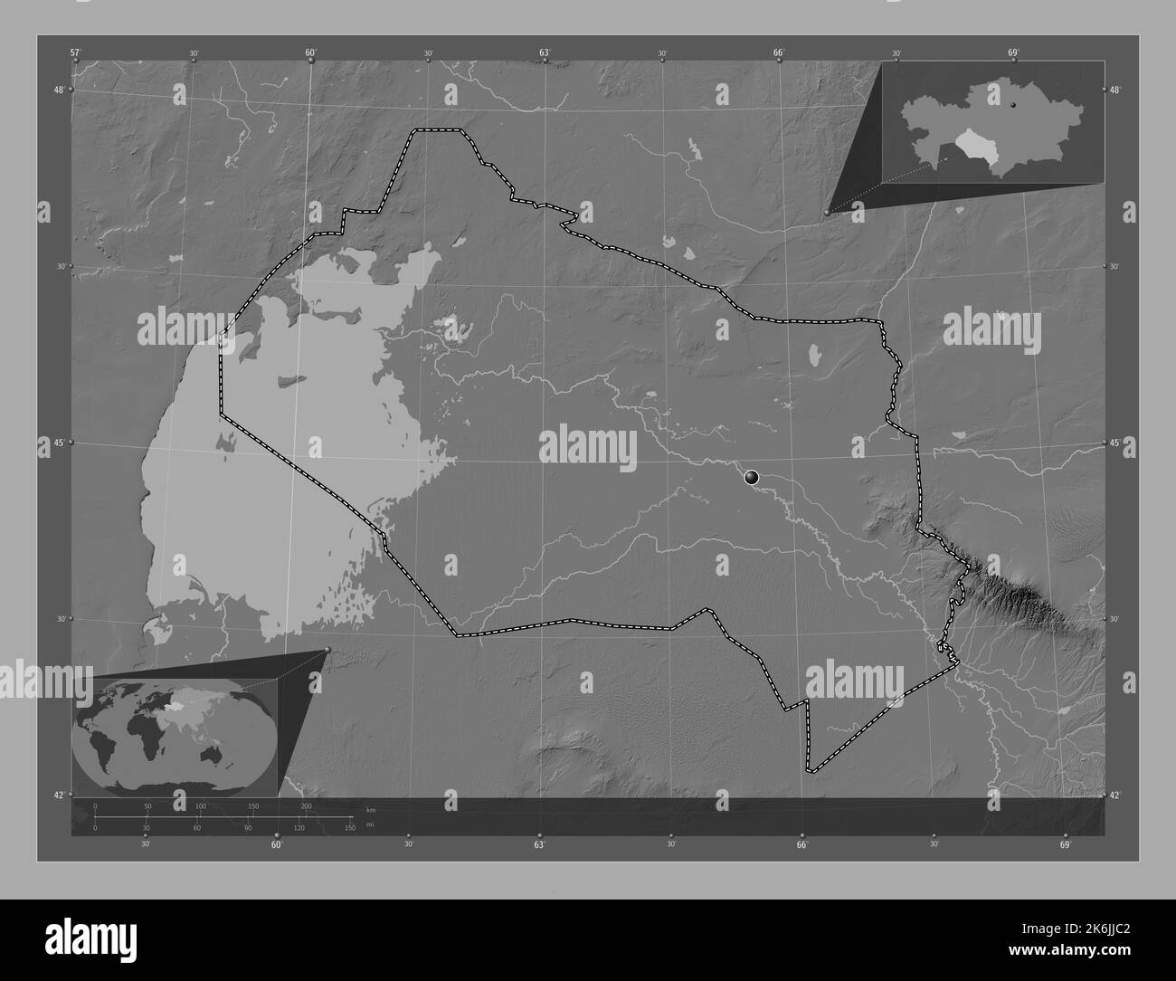 Qyzylorda, region of Kazakhstan. Bilevel elevation map with lakes and ...