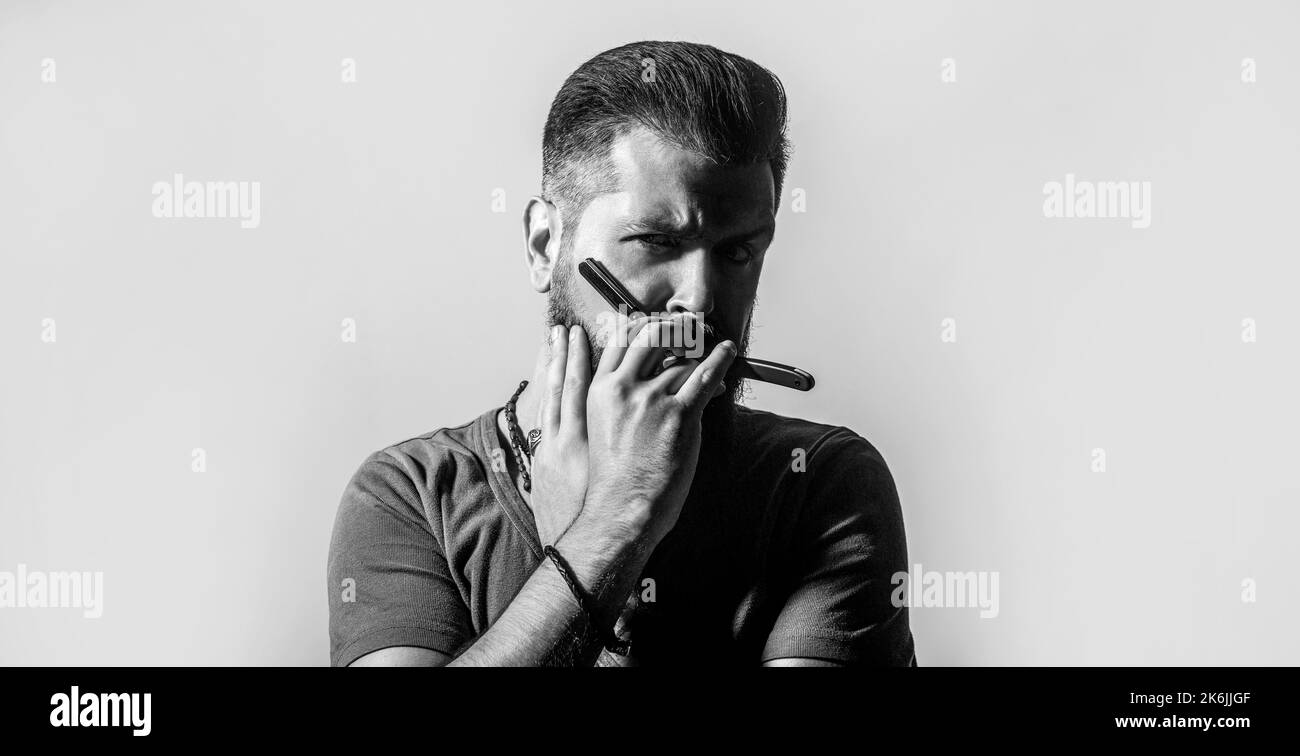 Straight Razor Barbershop Beard Vintage Straight Razor Mens Haircut Man In Barbershop