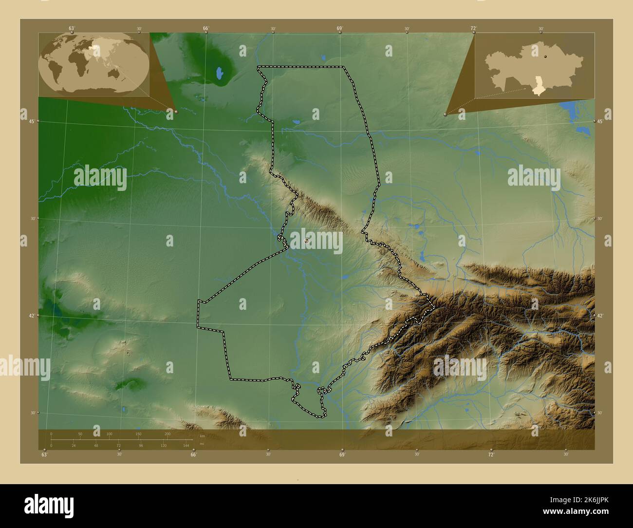 South Kazakhstan, region of Kazakhstan. Colored elevation map with ...