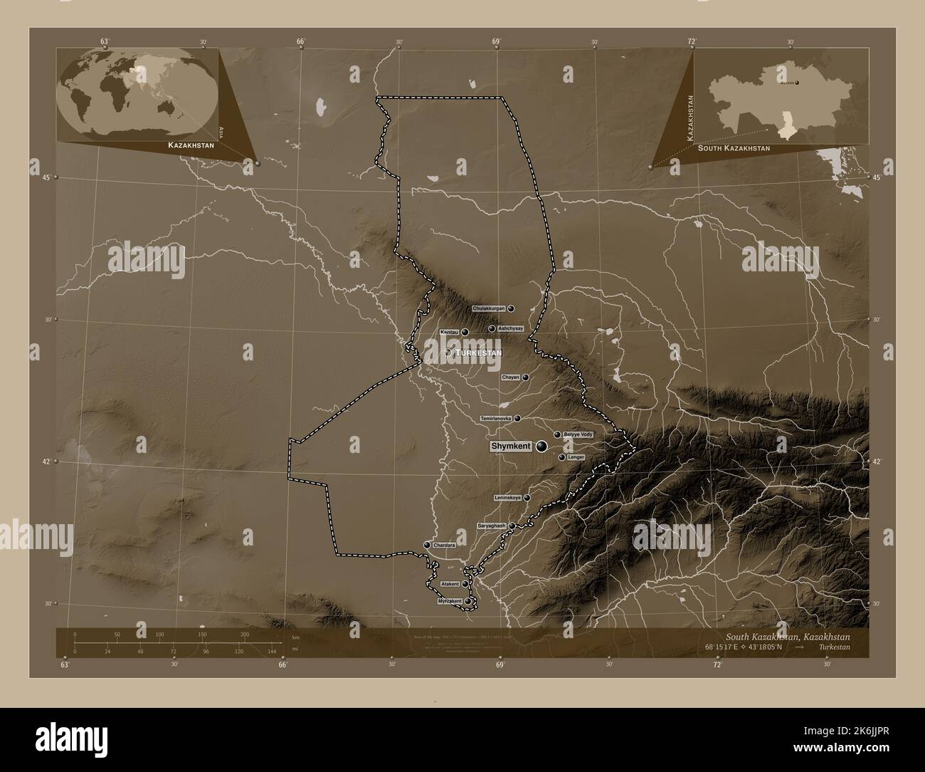 South Kazakhstan, region of Kazakhstan. Elevation map colored in sepia ...