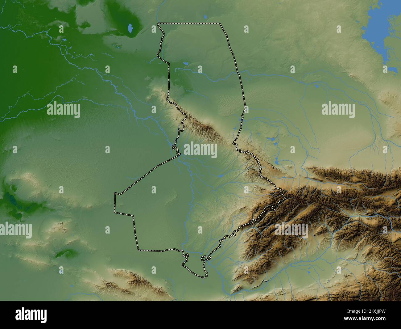 South Kazakhstan, region of Kazakhstan. Colored elevation map with ...