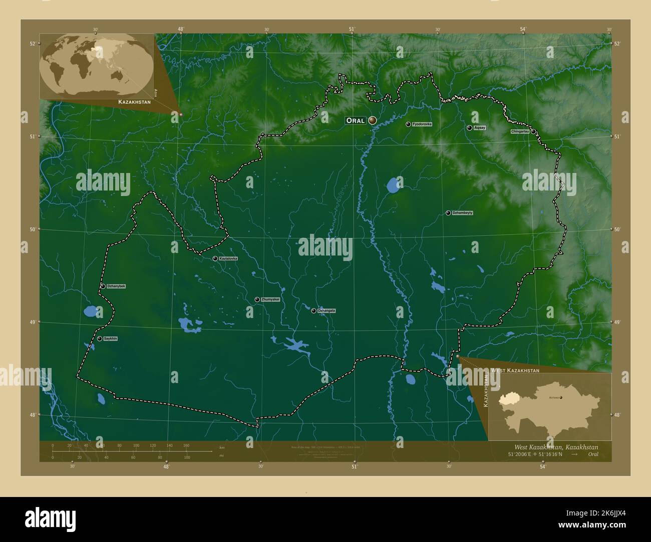 West Kazakhstan, region of Kazakhstan. Colored elevation map with lakes ...